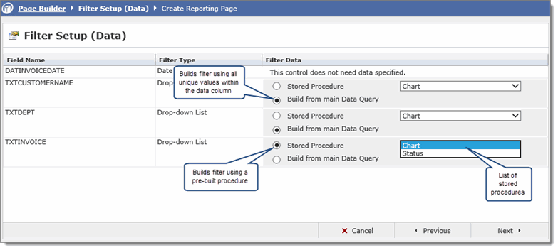 Setting up Filter Options on a Custom Reporting Page
